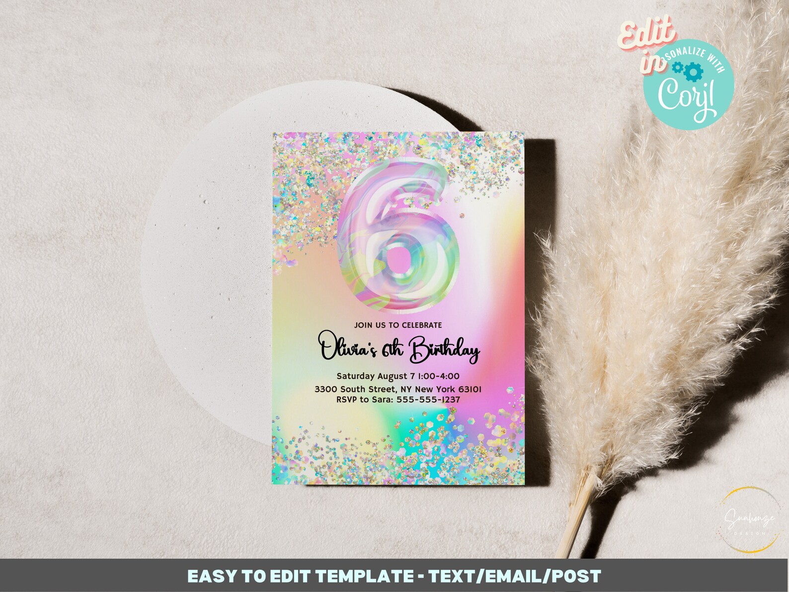 Editable 6th Birthday Invitation Template Printable, Glitter Iridescent ...