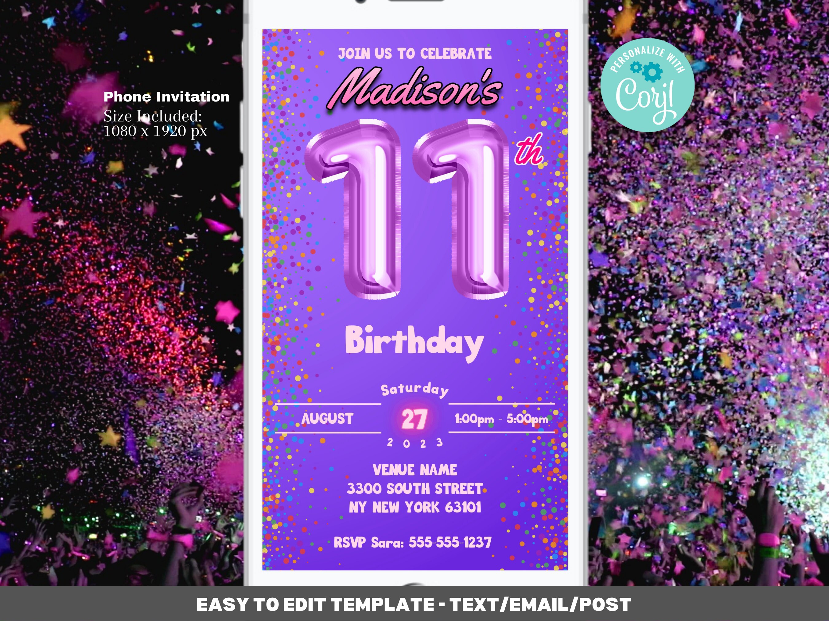 11th Birthday Invitation Template Editable Template Digital - Etsy