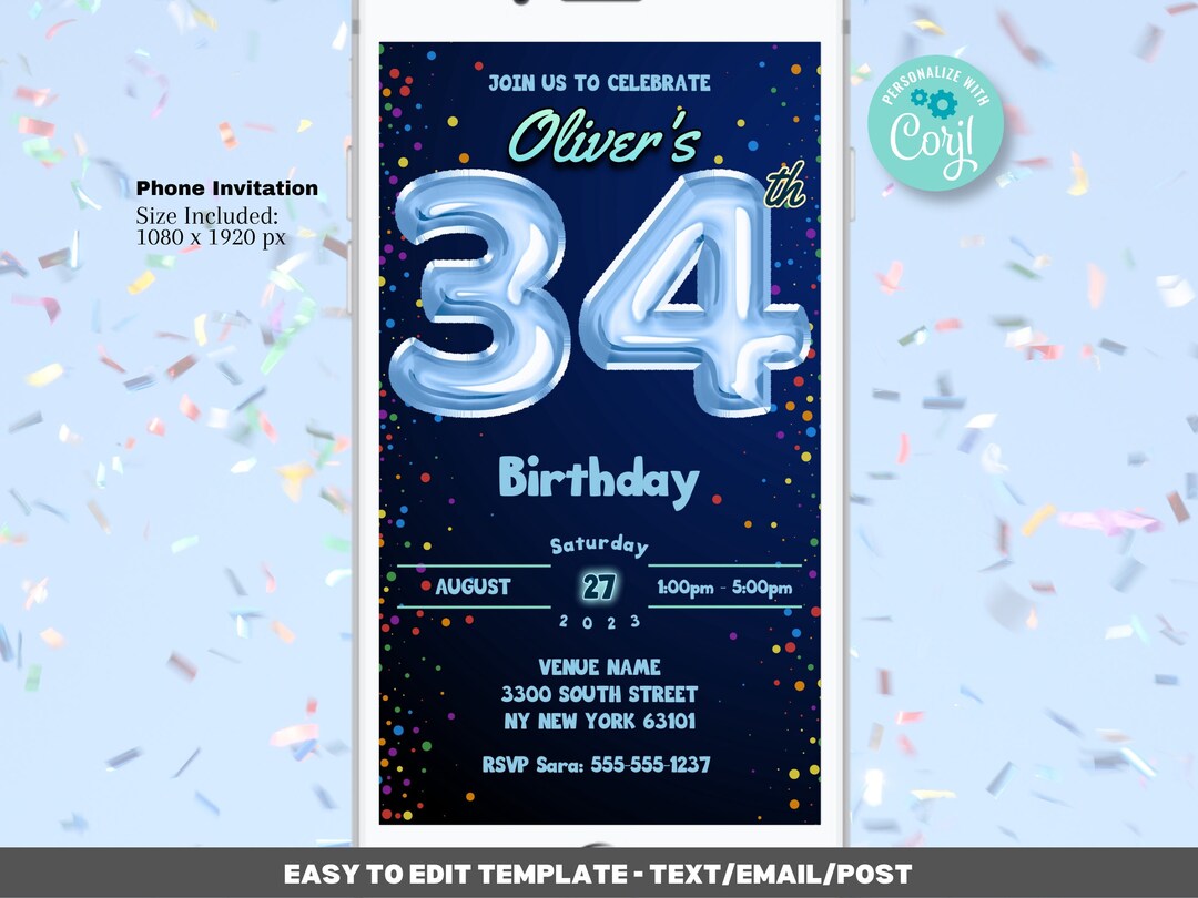 34th Birthday Invitation Template - Editable Template Digital Evite ...