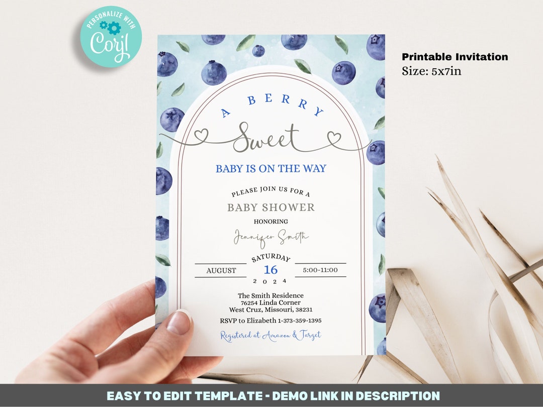 Editable Blueberry Baby Shower Invitation Template 5x7, Berry Sweet ...