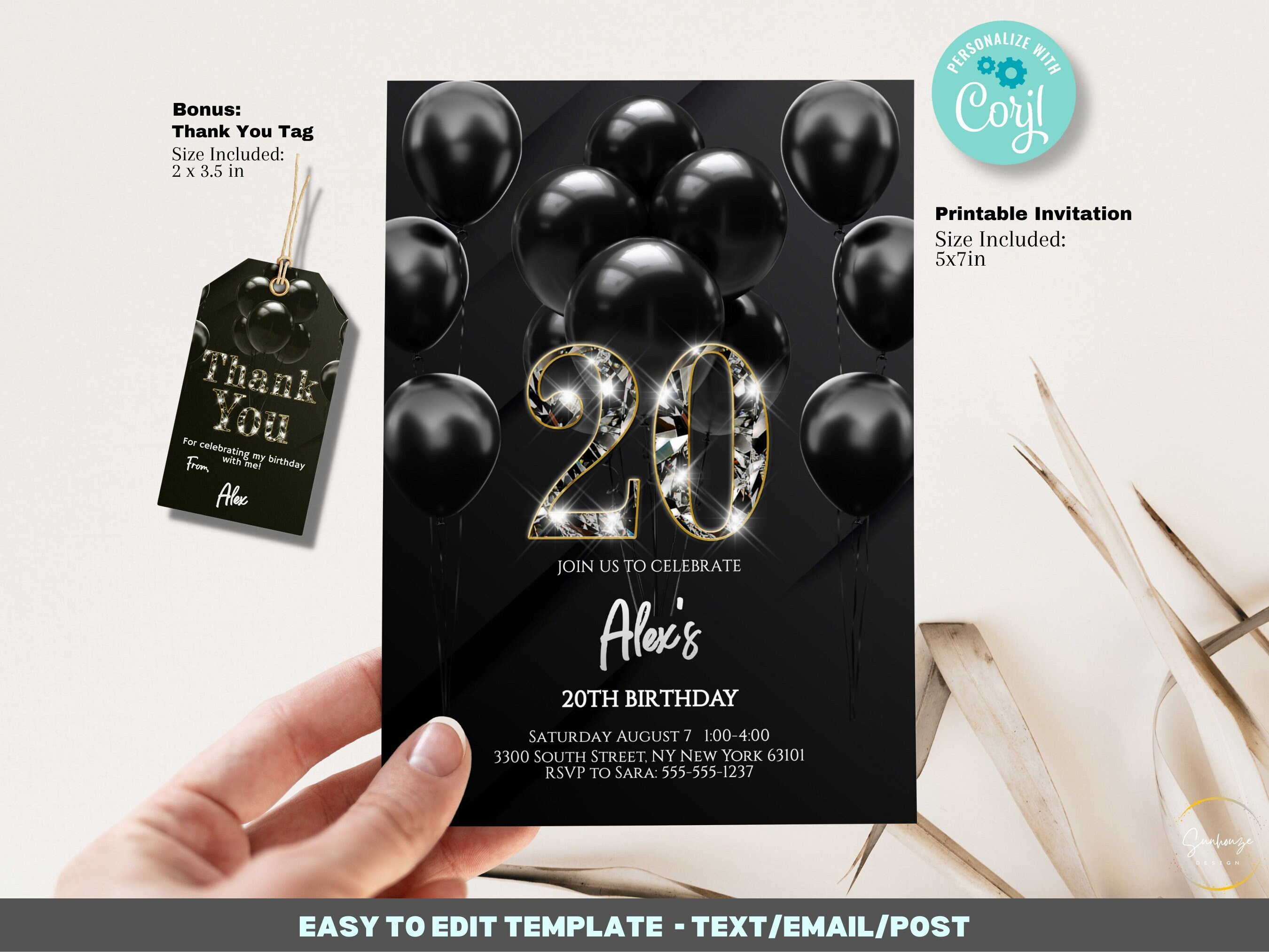 Editable 20th Birthday Invitation Template, Bling Invitation, Black ...