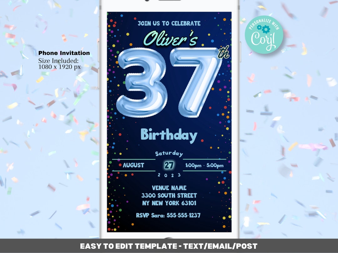 37th Birthday Invitation Template - Editable Template Digital Evite ...