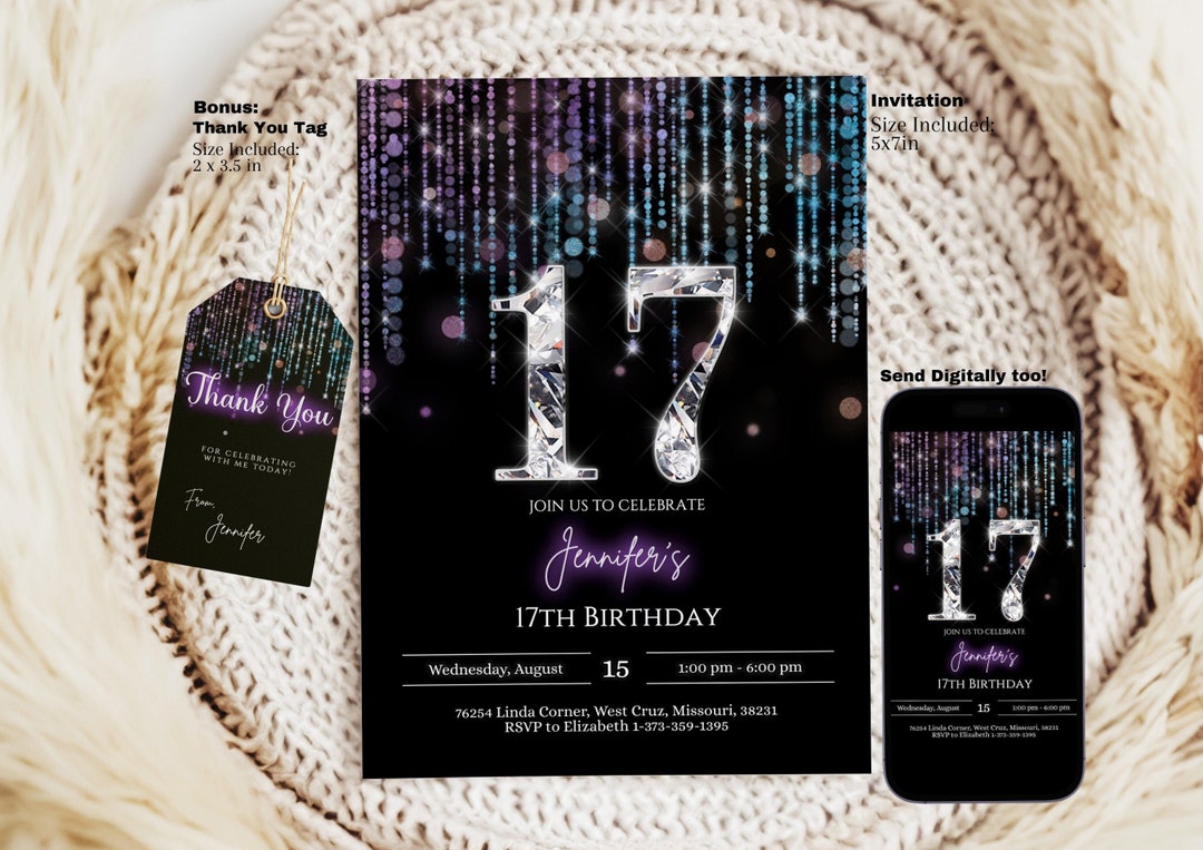 Editable 17th Birthday Invitation Template, Diamond Glitter Invitation ...