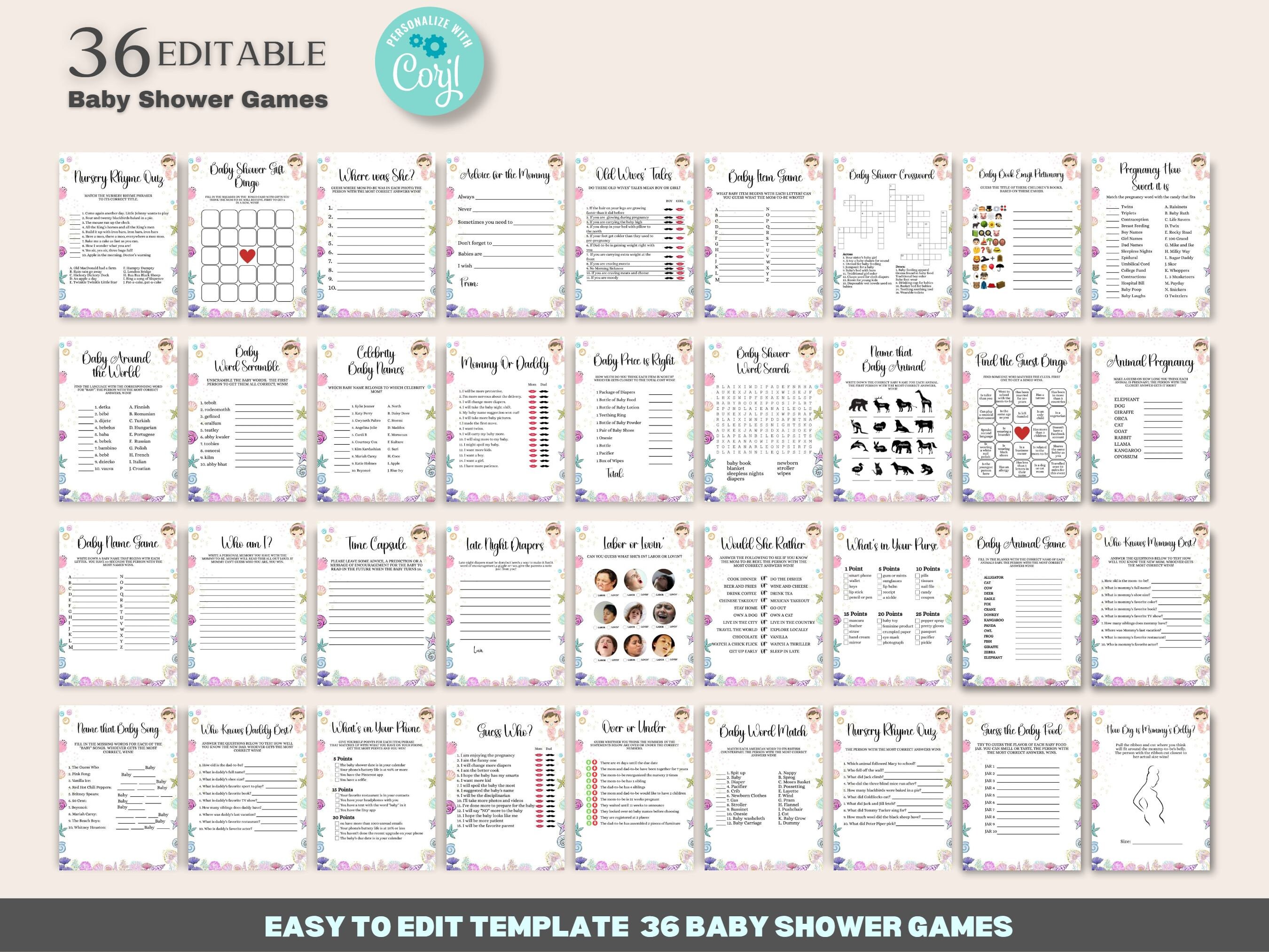 Editable Mermaid Baby Shower Games Bundle, Editable Template, Mermaid ...