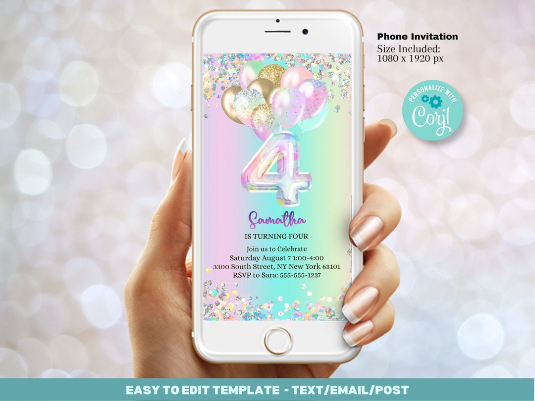 Editable 4th Birthday Invitation Template, Glitter Iridescent ...