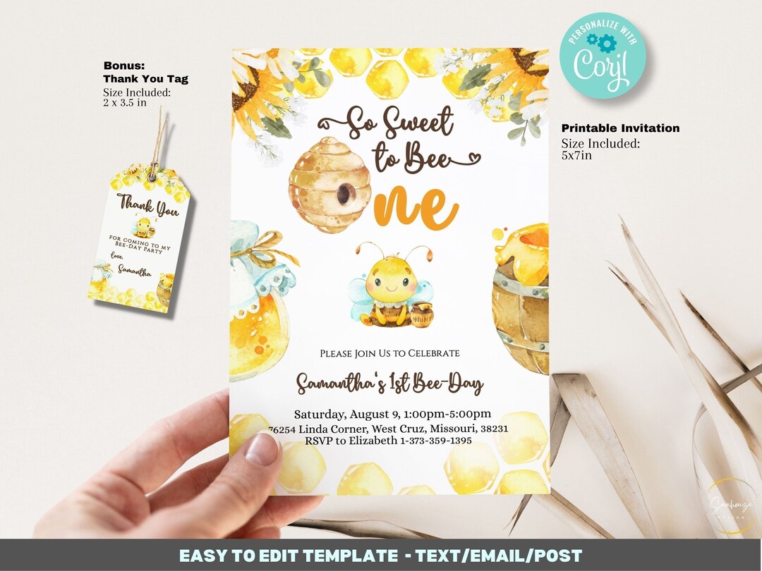 Editable 1st Bee Birthday Invitation Template, 1st Birthday Invitation ...