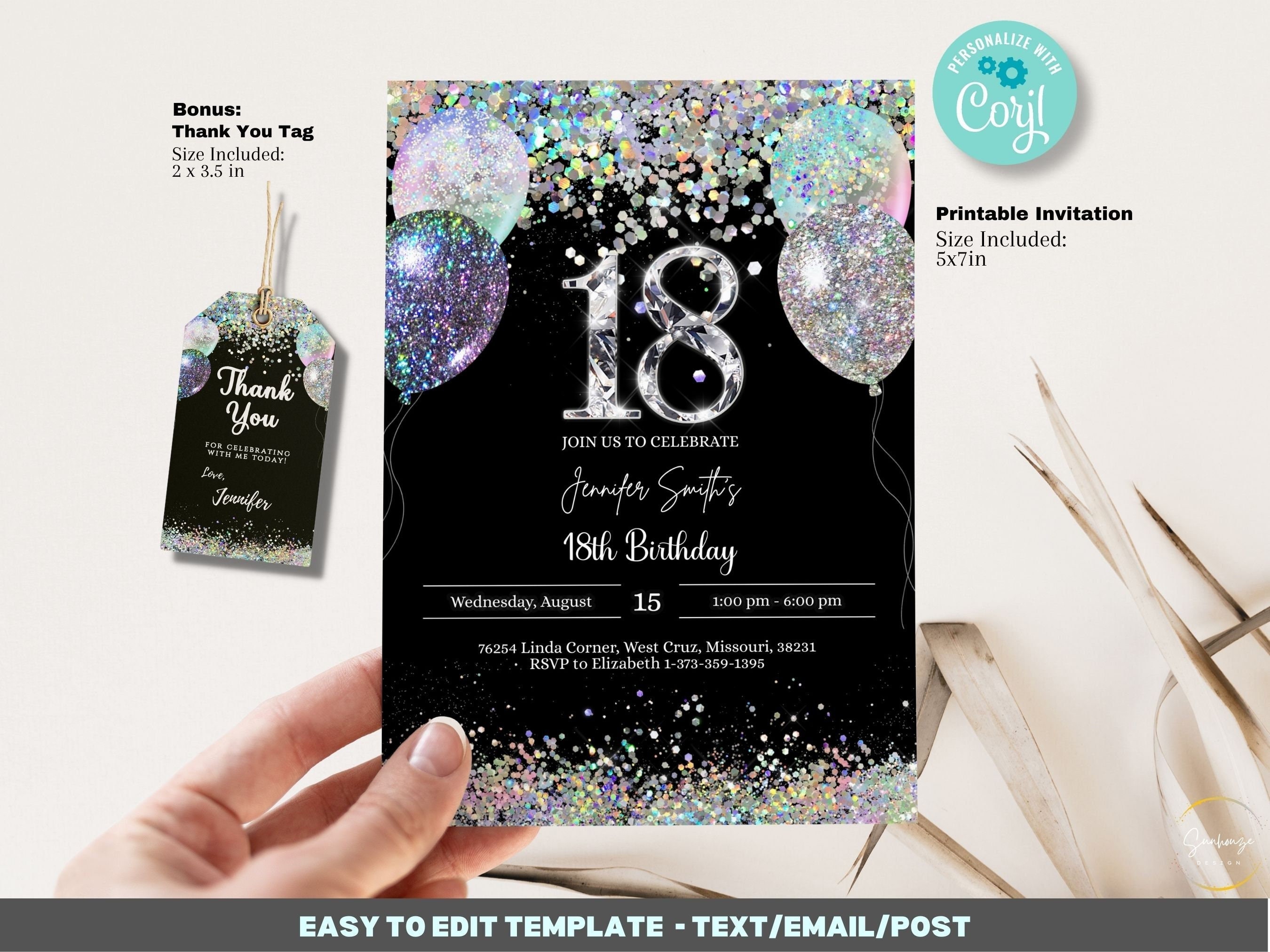 Editable 18th Birthday Invitation Template, Bling Invitation ...