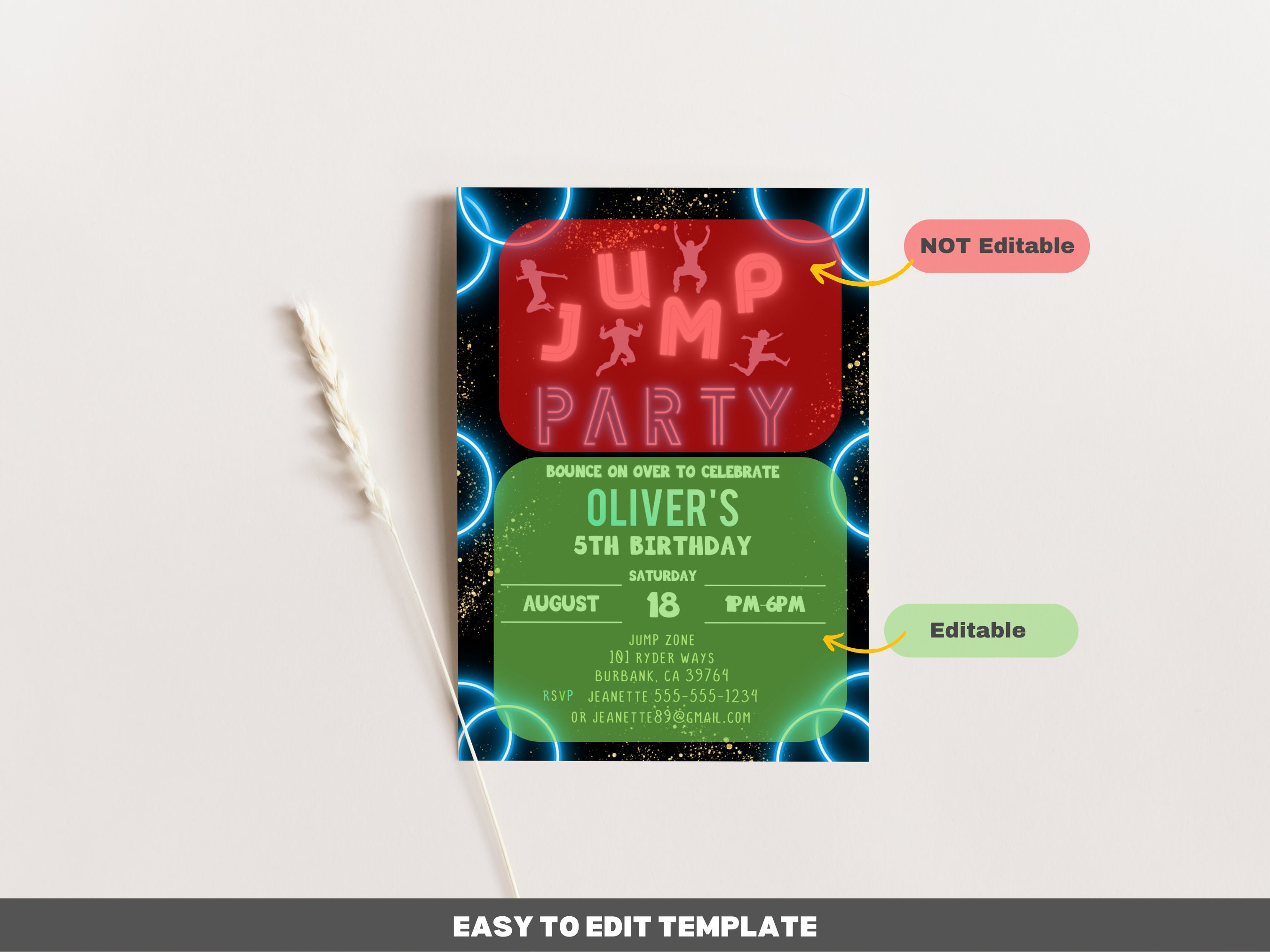 Jump Birthday Invitation 5x7 Printable | Editable Lets Jump Trampoline ...