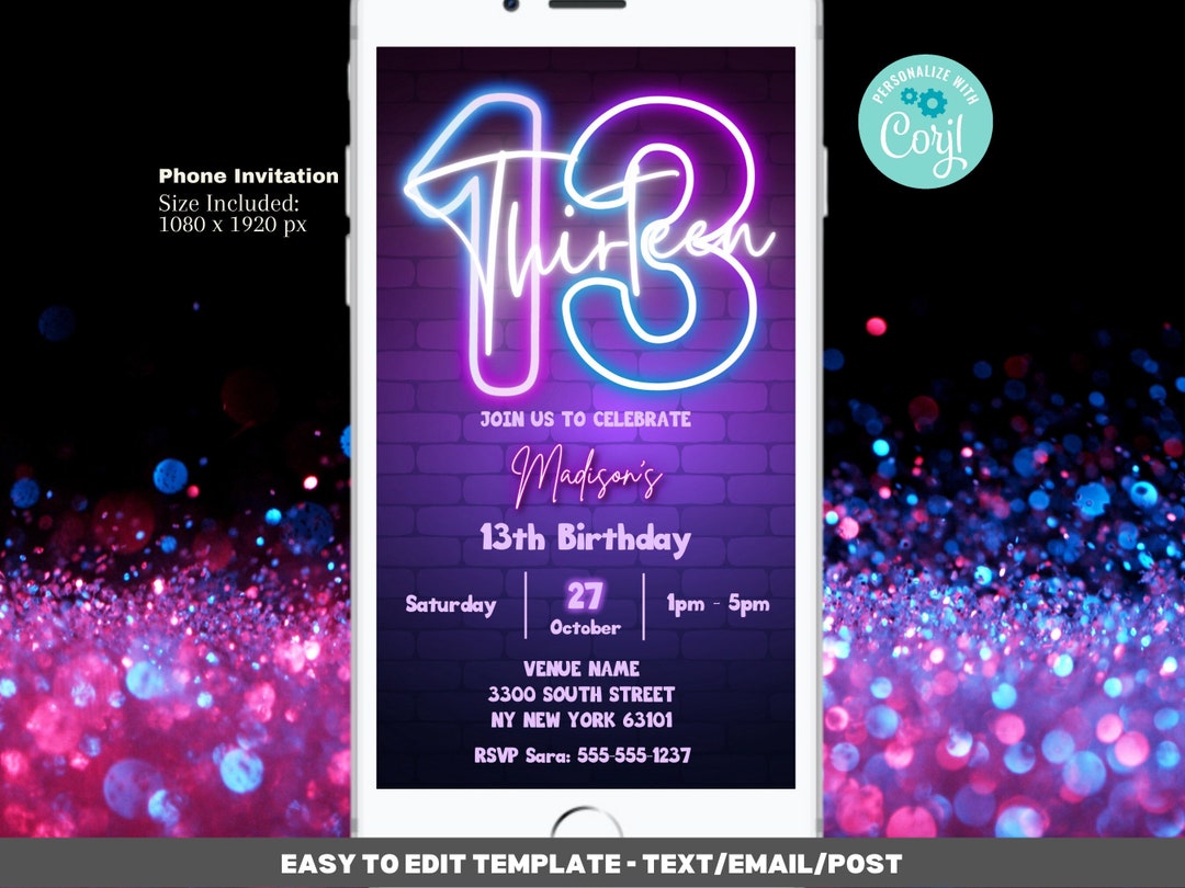 13th Birthday Invitation Template - Editable Template Digital Evite ...