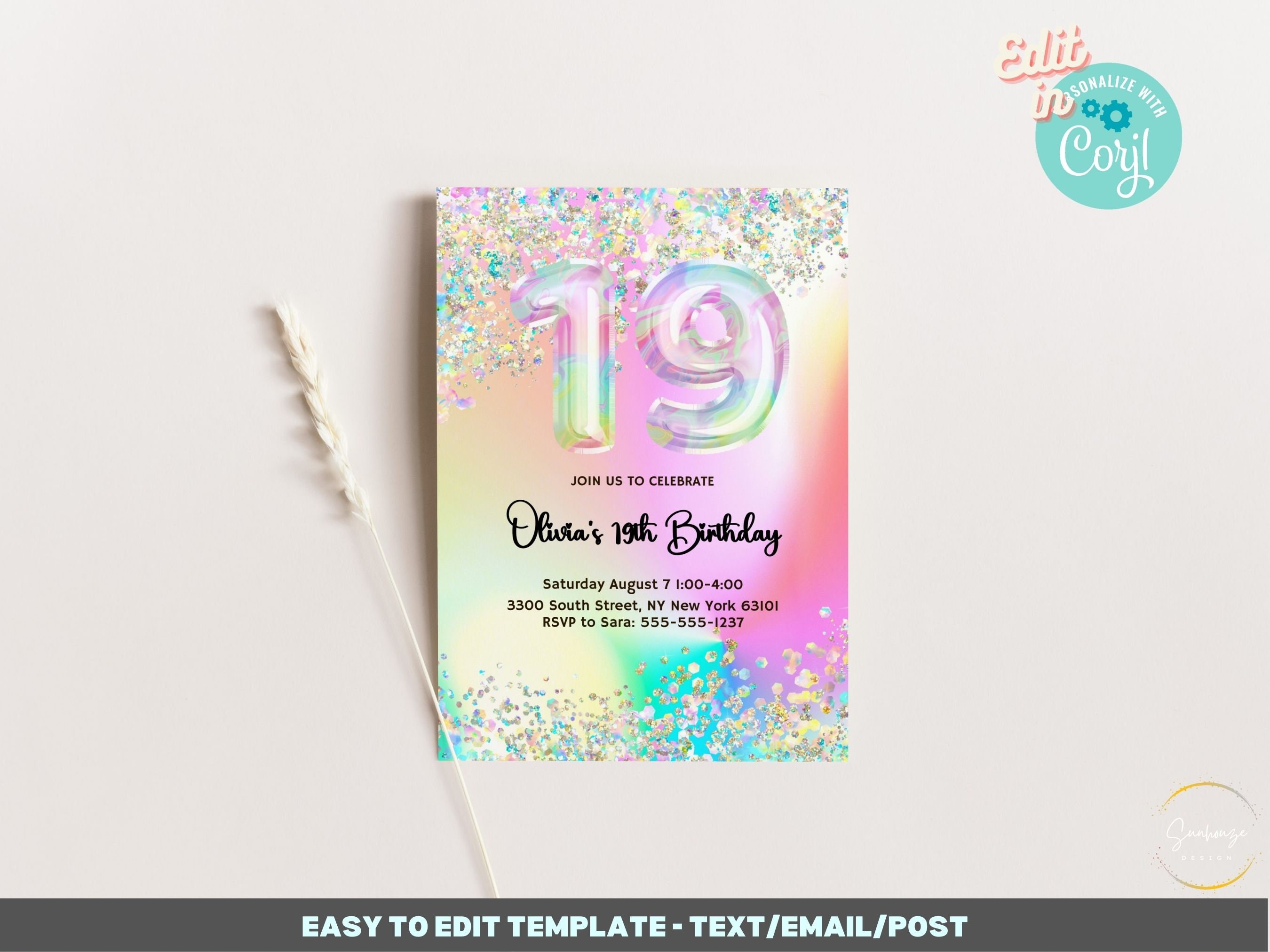 Editable 19th Birthday Invitation Template Printable Glitter - Etsy