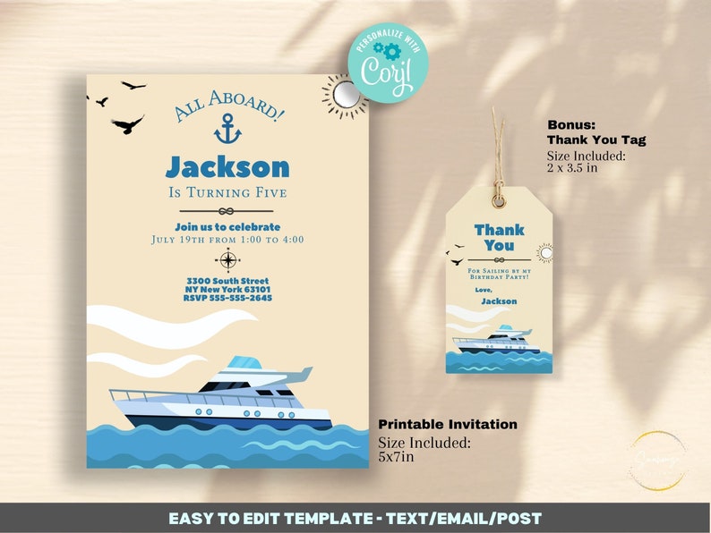 Editable All Aboard Yacht Birthday Party Invitation Template - Etsy