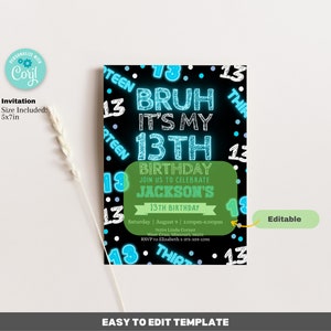 Editable 13th Bruh Neon Birthday Invitation, Boy Birthday Party, Bruh ...