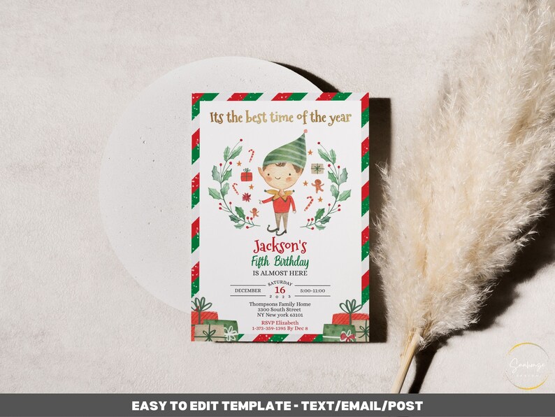 Editable Elf Birthday Invitation Template: Winter Party, Thank You Tag ...
