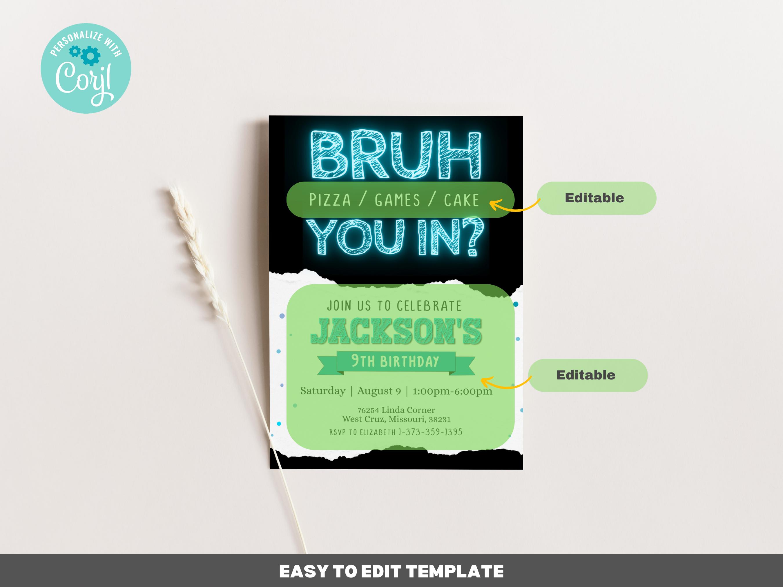 Editable Bruh Neon Birthday Invitation, Boy Birthday Party, Bruh You in ...