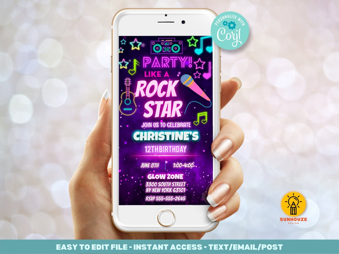 Party Like A Rockstar Birthday Invitation Rock Star Glow Party Phone ...
