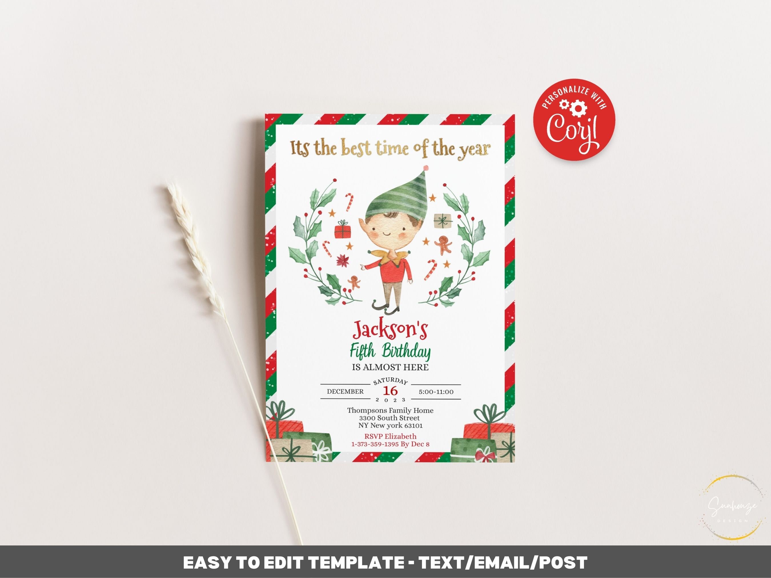 Editable Elf Birthday Invitation Template: Winter Party, Thank You Tag ...