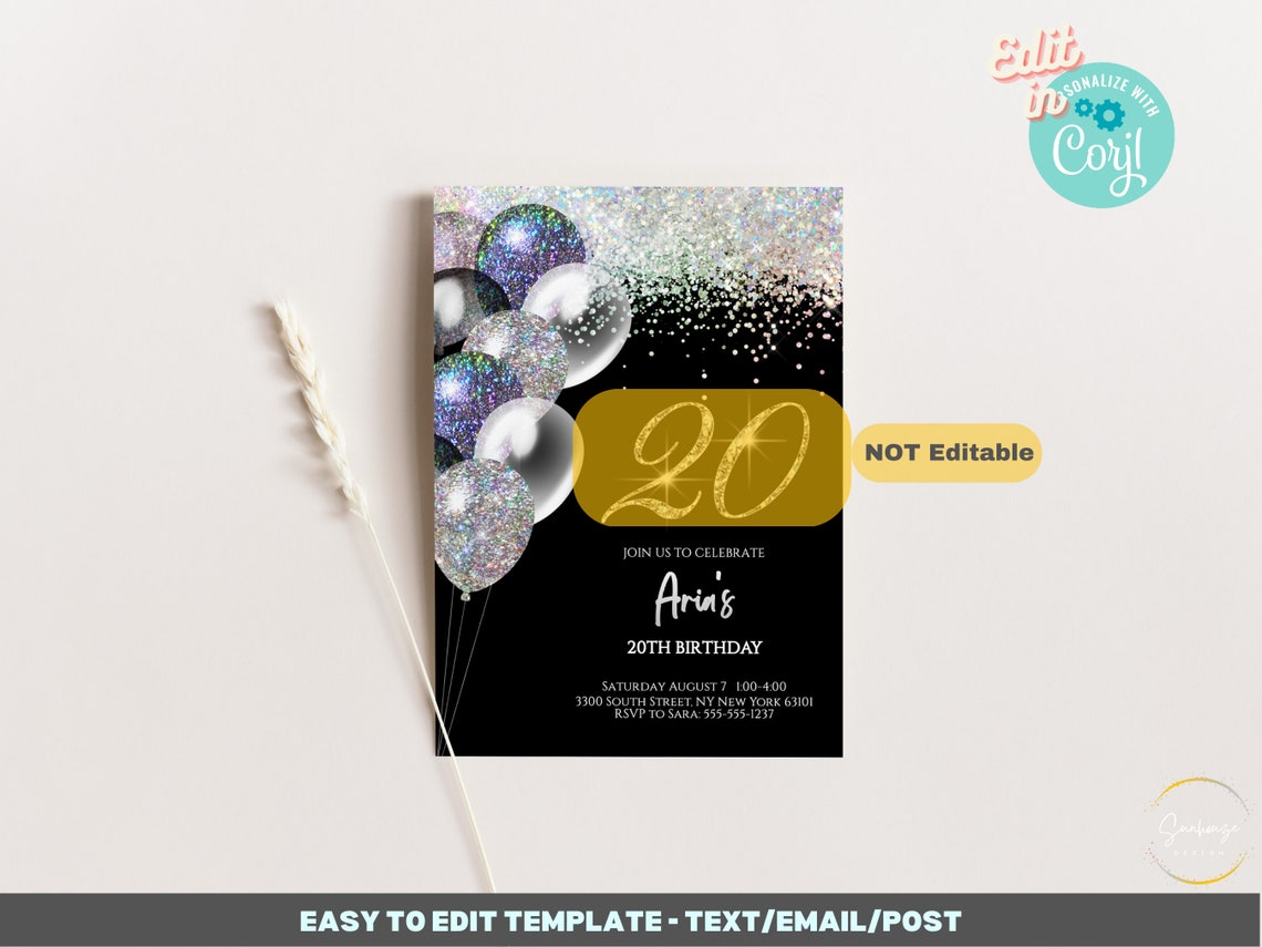 Editable 20th Birthday Invitation Template Bling Invitation - Etsy