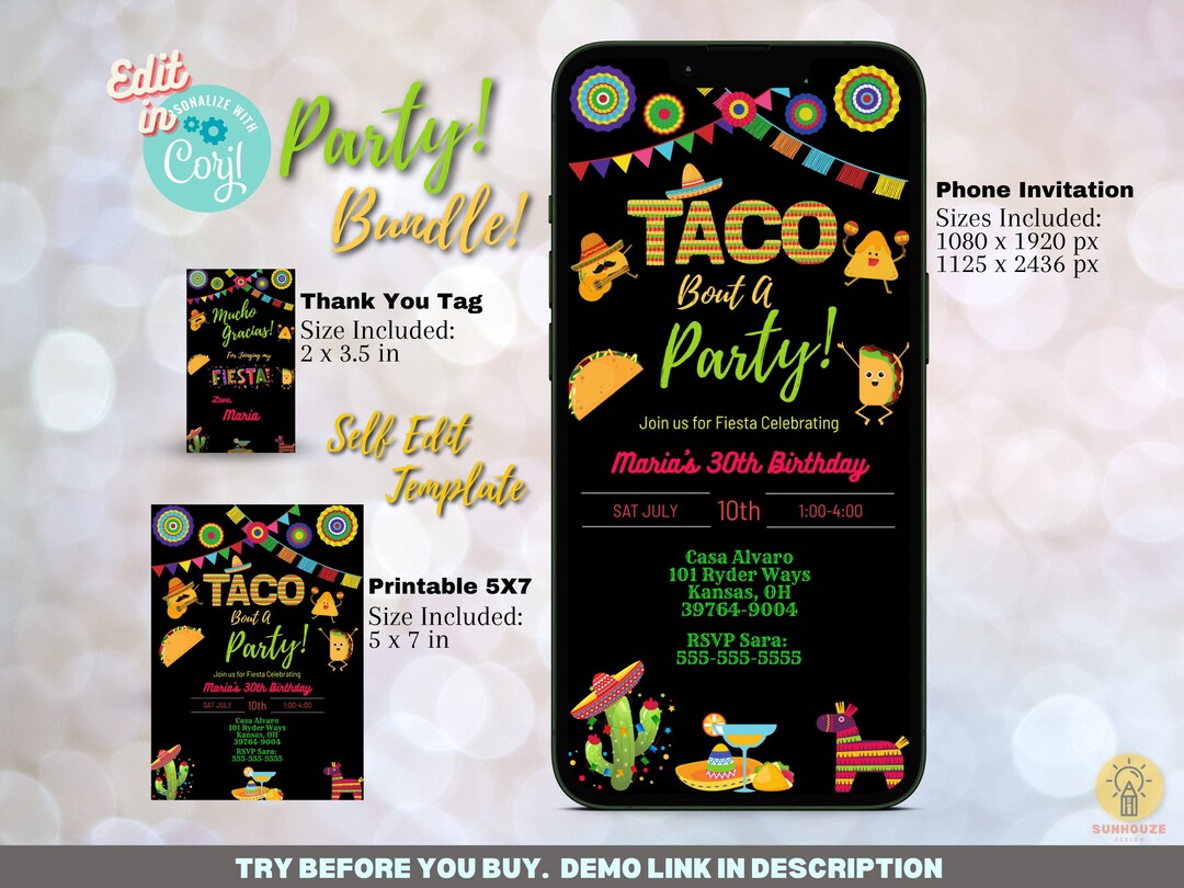 Editable Taco Birthday Invitation Template, Taco Invitation, Taco ...