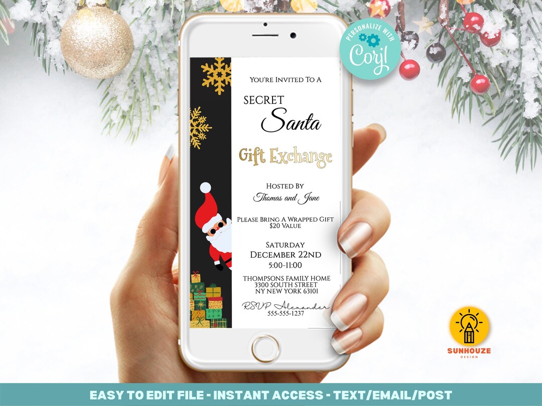 Secret Santa Invitation Template - Christmas Party Invite for Phone ...