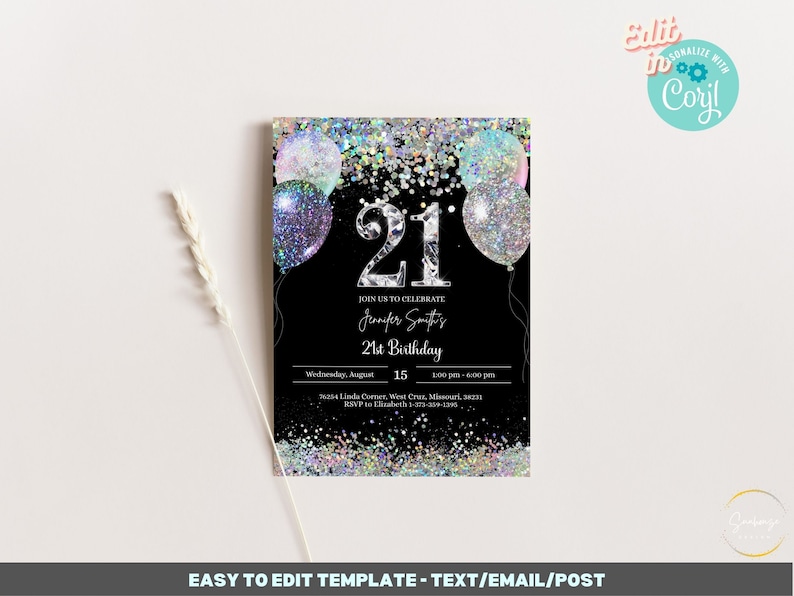 Editable 21st Birthday Invitation Template, Bling Invitation ...