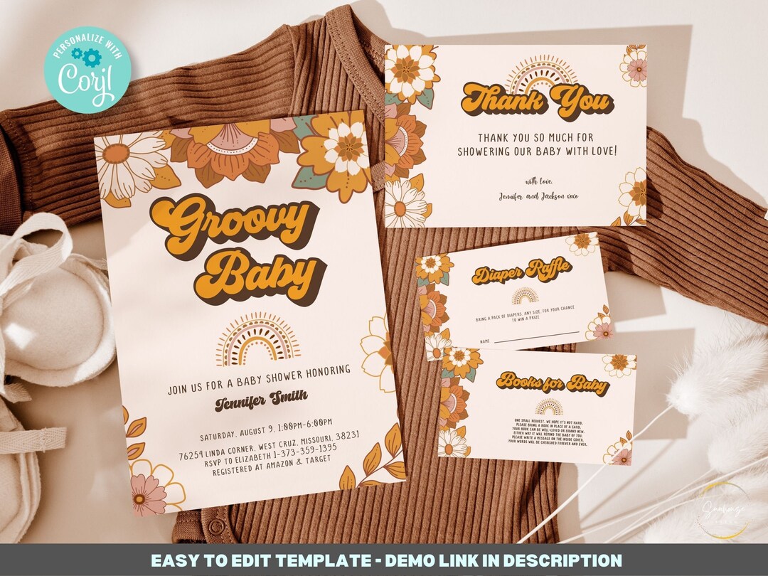 Editable Groovy Baby Shower Invitation Template, Shower Bundle, 70s ...