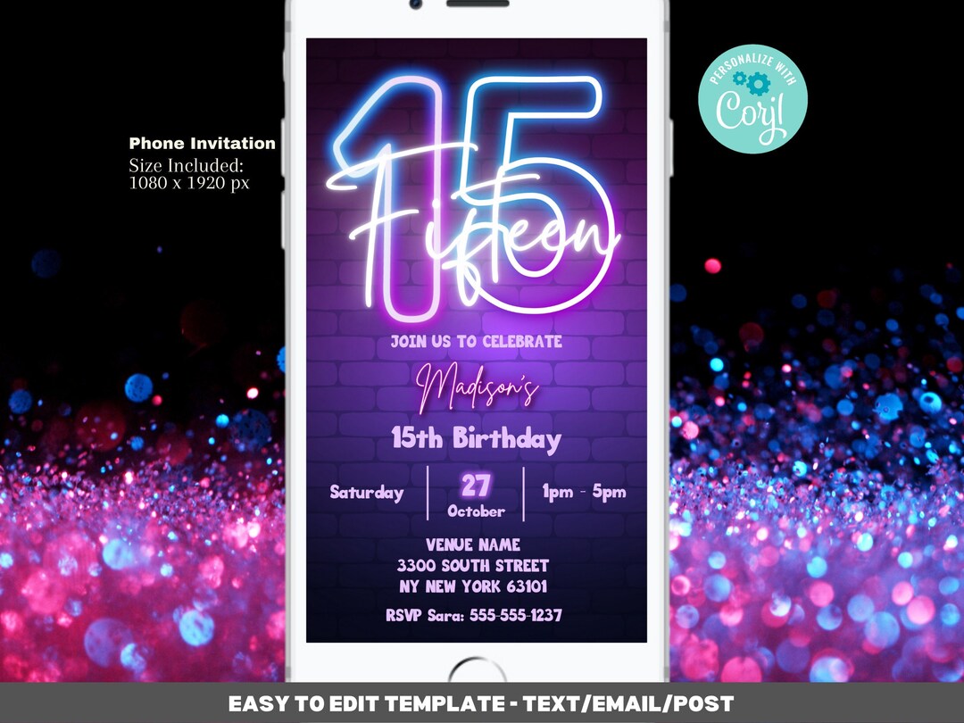 15th Birthday Invitation Template - Editable Template Digital Evite ...
