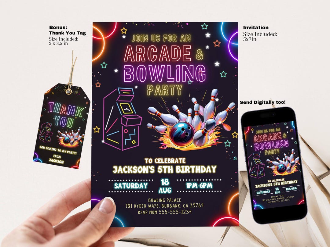 Editable Arcade Bowling Party Invitation Template, Neon Glow Bowling ...