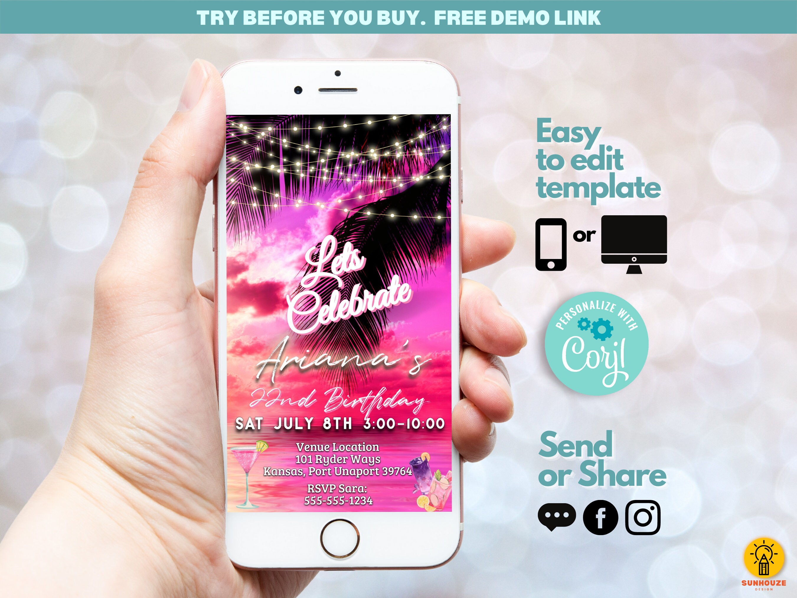 Digital Evite Birthday Invitation Template Miami Beach Tropical Palm ...