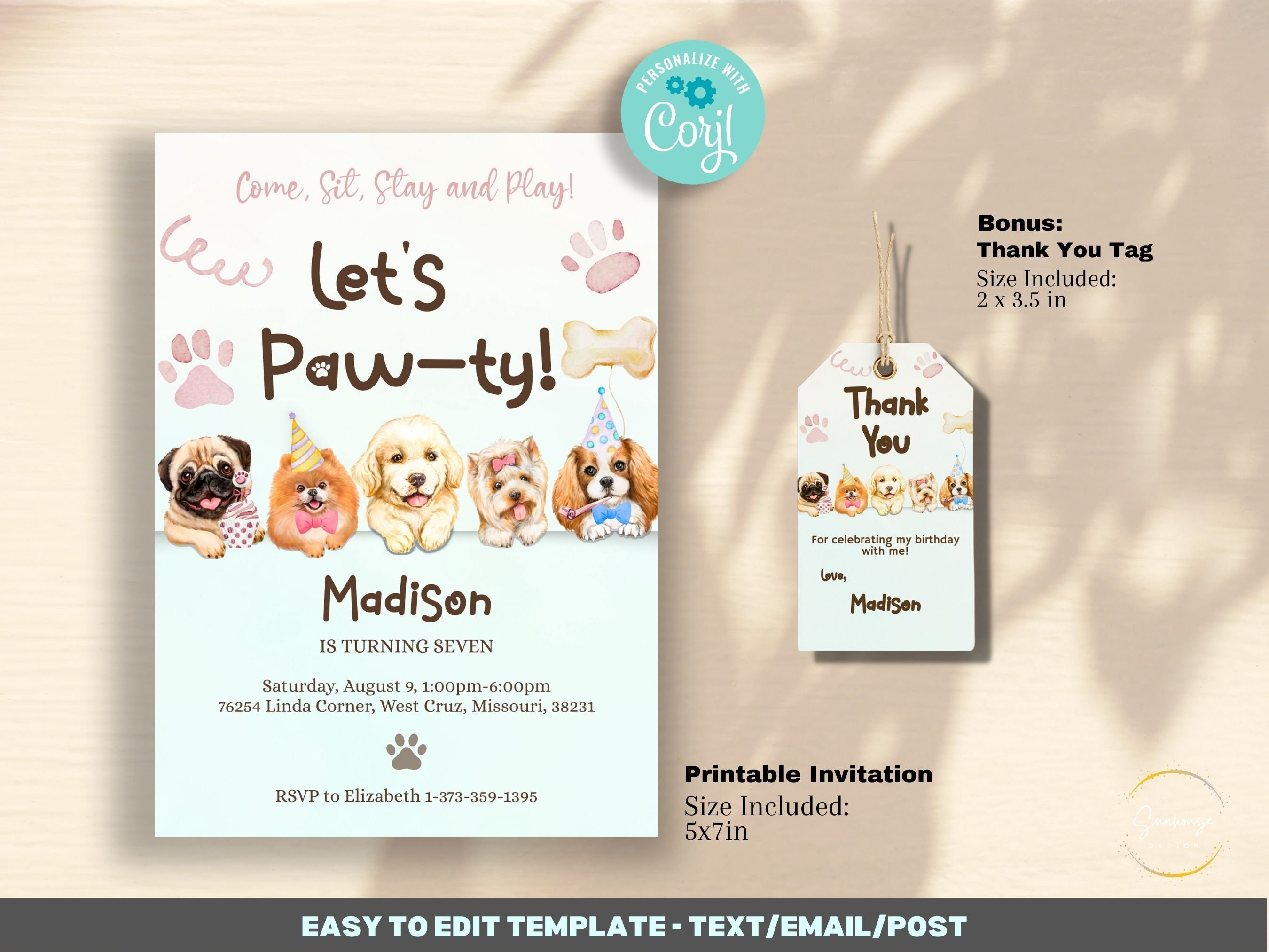 Editable Dog Birthday Invitation Template, Dog Birthday Party, Paw-ty ...