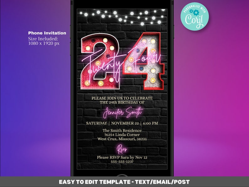 Editable 24th Birthday Invitation Template Digital Marquee - Etsy