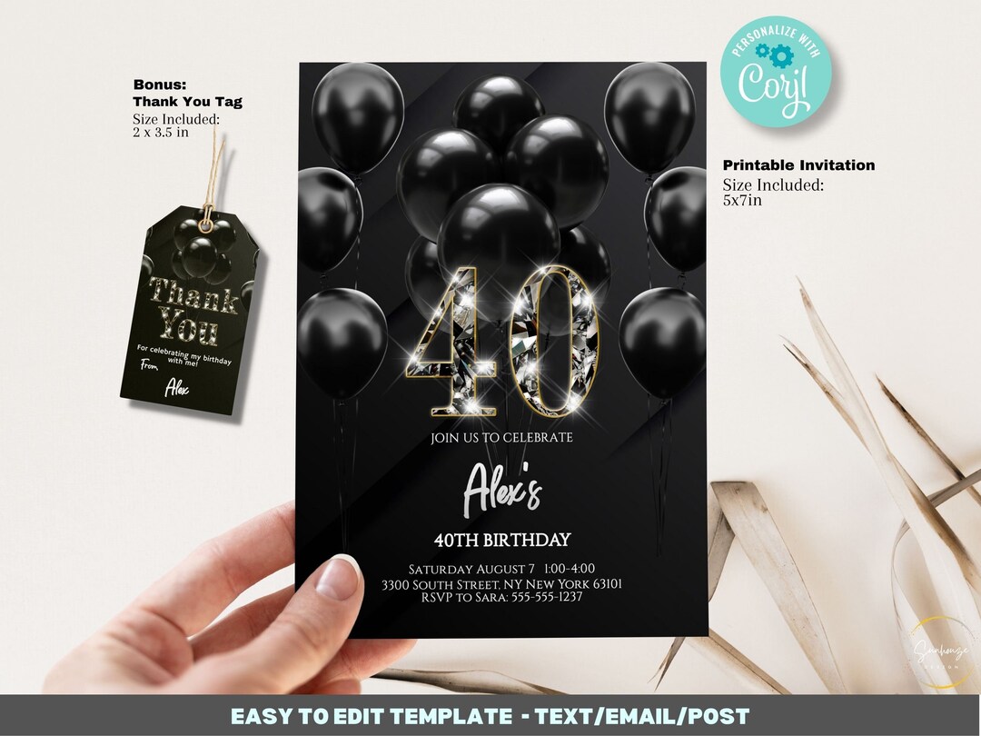 Editable 40th Birthday Invitation Template, Bling Invitation, Black ...