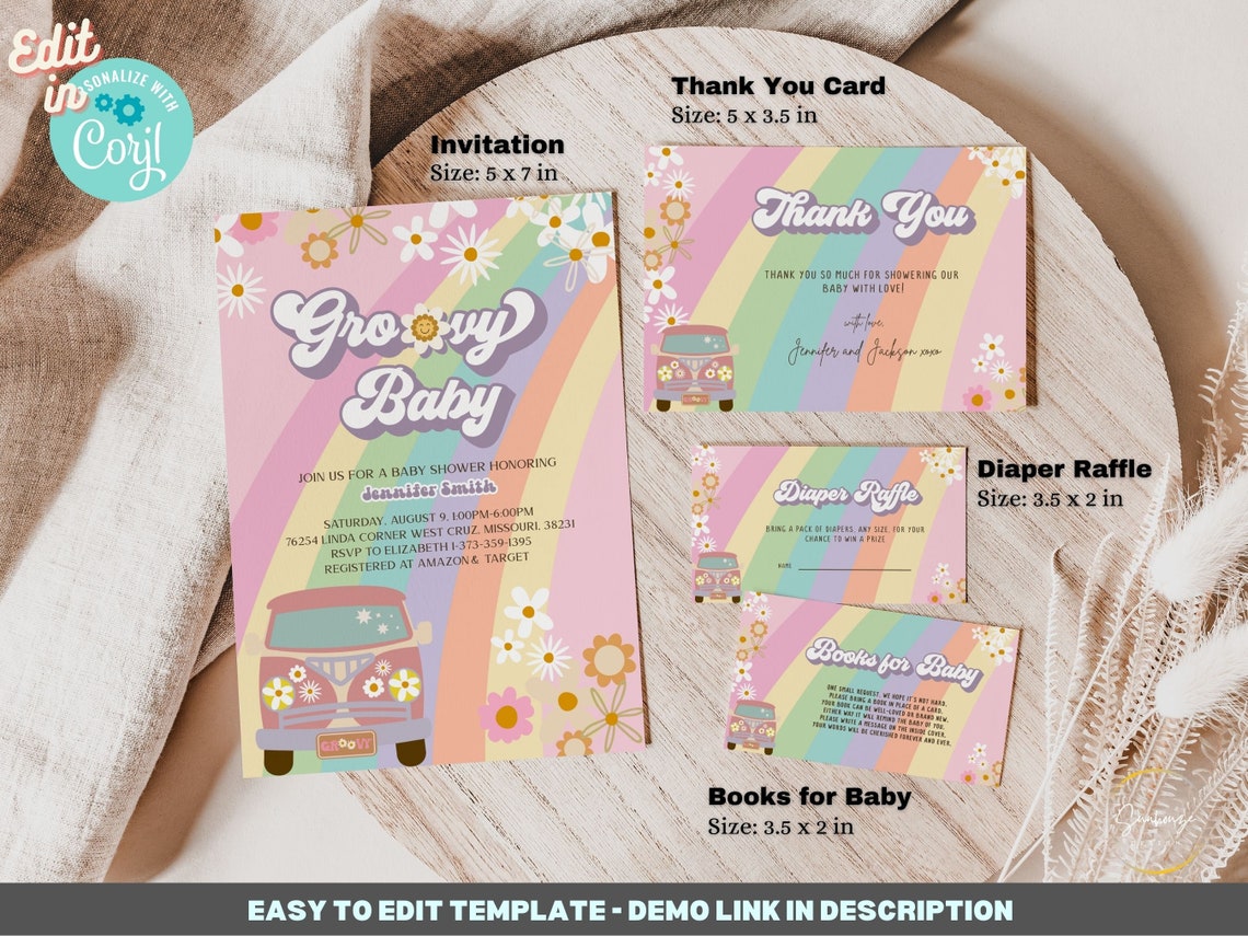 Editable Groovy Baby Shower Invitation Template, Shower Bundle, 70s ...