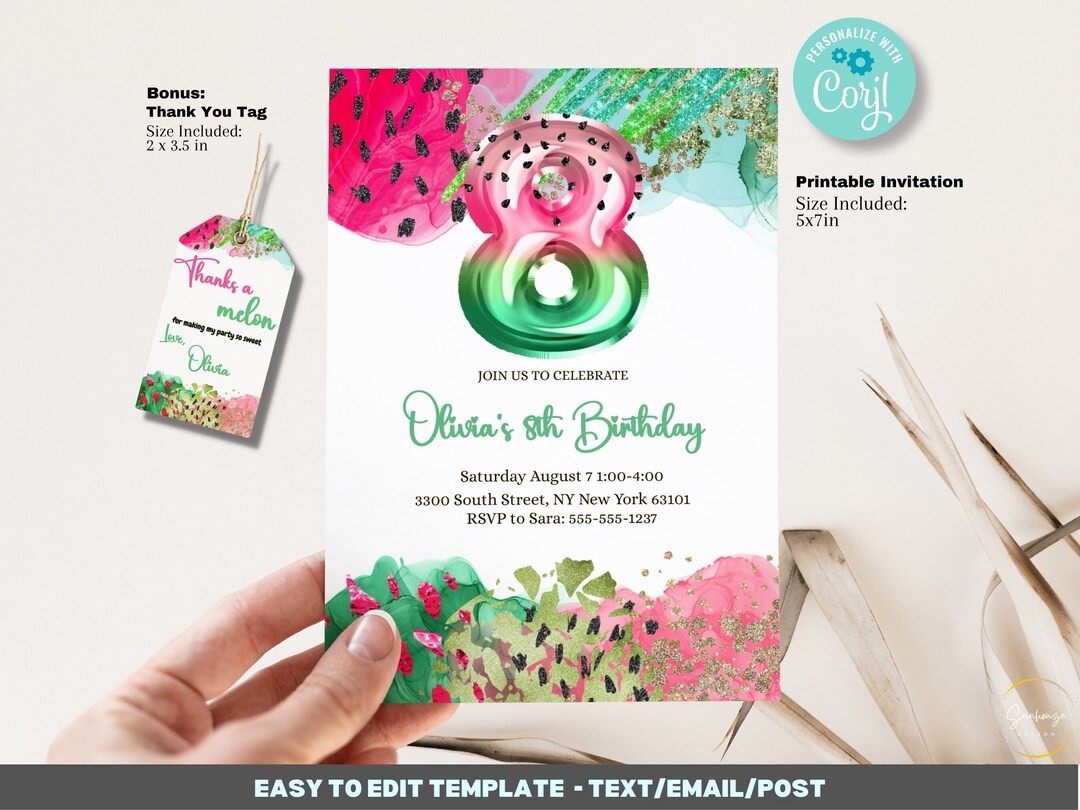 Watermelon Birthday Invitation, 8th Birthday Invitation Template ...