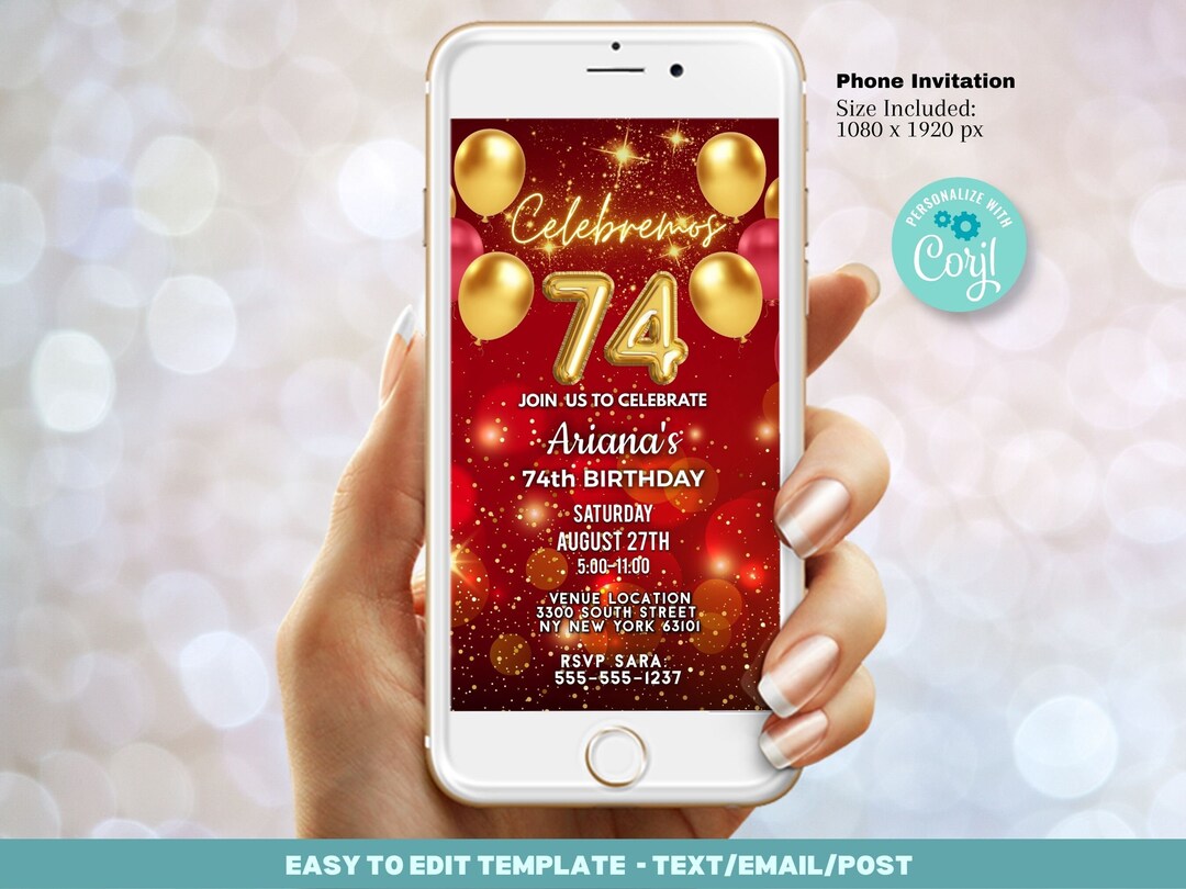 74th Birthday Invitation Template Digital Invitation Red Gold Balloons ...