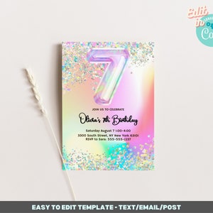 Editable 7th Birthday Invitation Template Printable, Glitter Iridescent ...