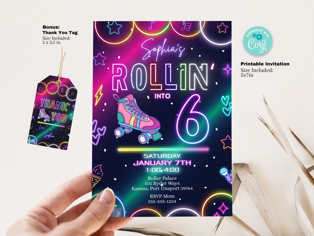 6th Birthday Roller Skating Invitation Template Evite | Neon Glow ...