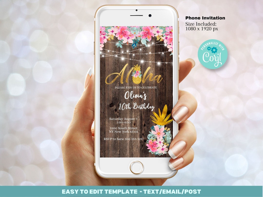 Aloha Luau Hawaiian Birthday Phone Invitation Template | Instant ...