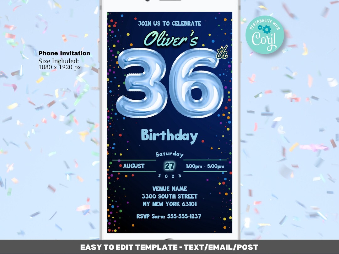 36th Birthday Invitation Template - Editable Template Digital Evite ...