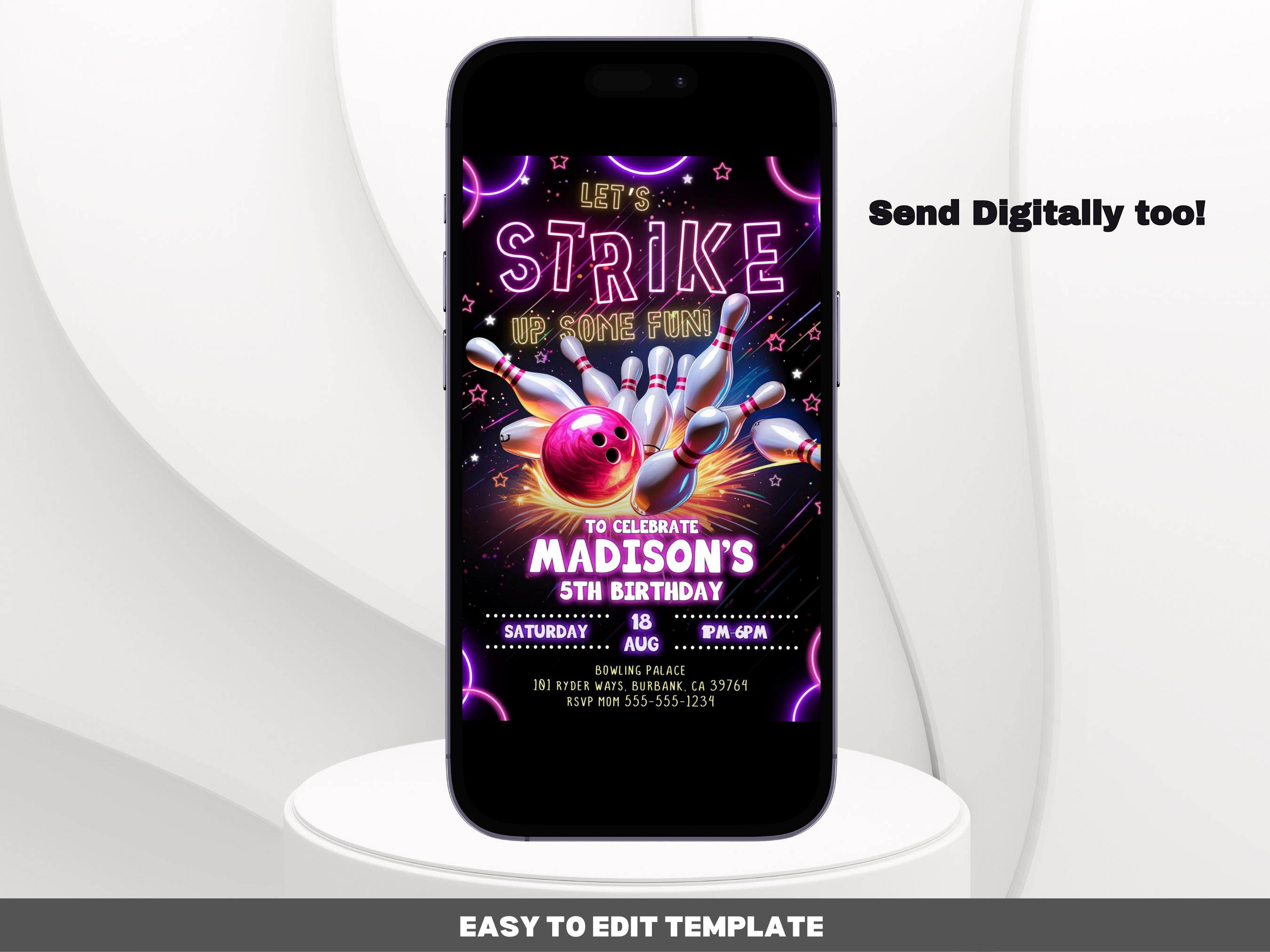 Editable Bowling Party Invitation Template, Neon Glow Bowling Birthday ...