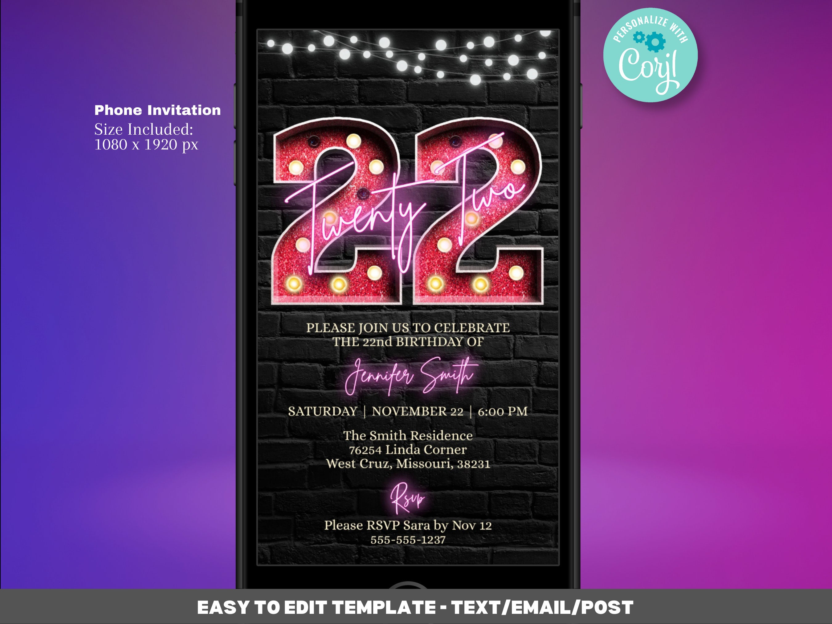 Editable 22nd Birthday Invitation Template Digital Marquee Lights ...