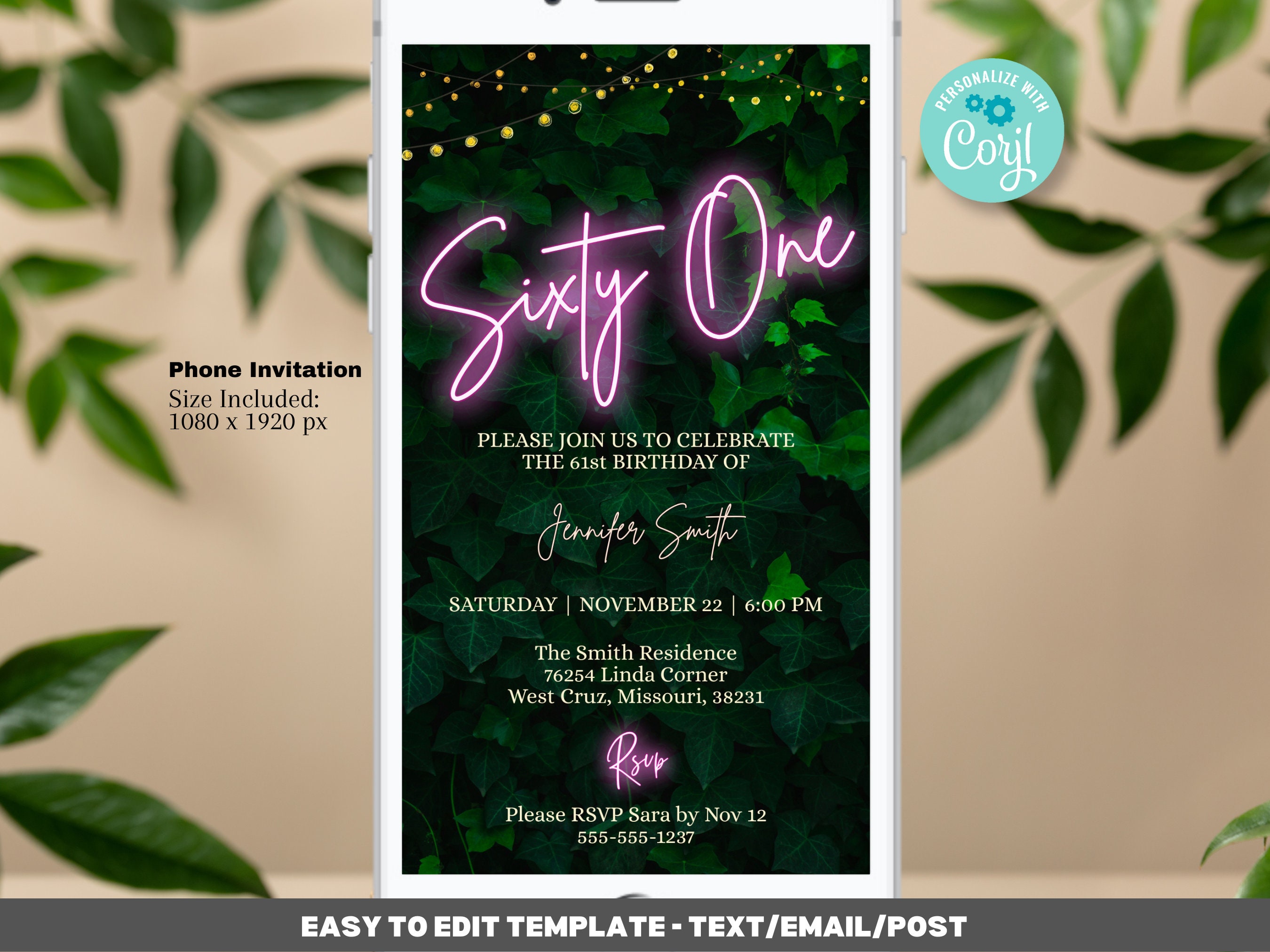 61st Birthday Invitation Template - Editable Template Digital Evite ...