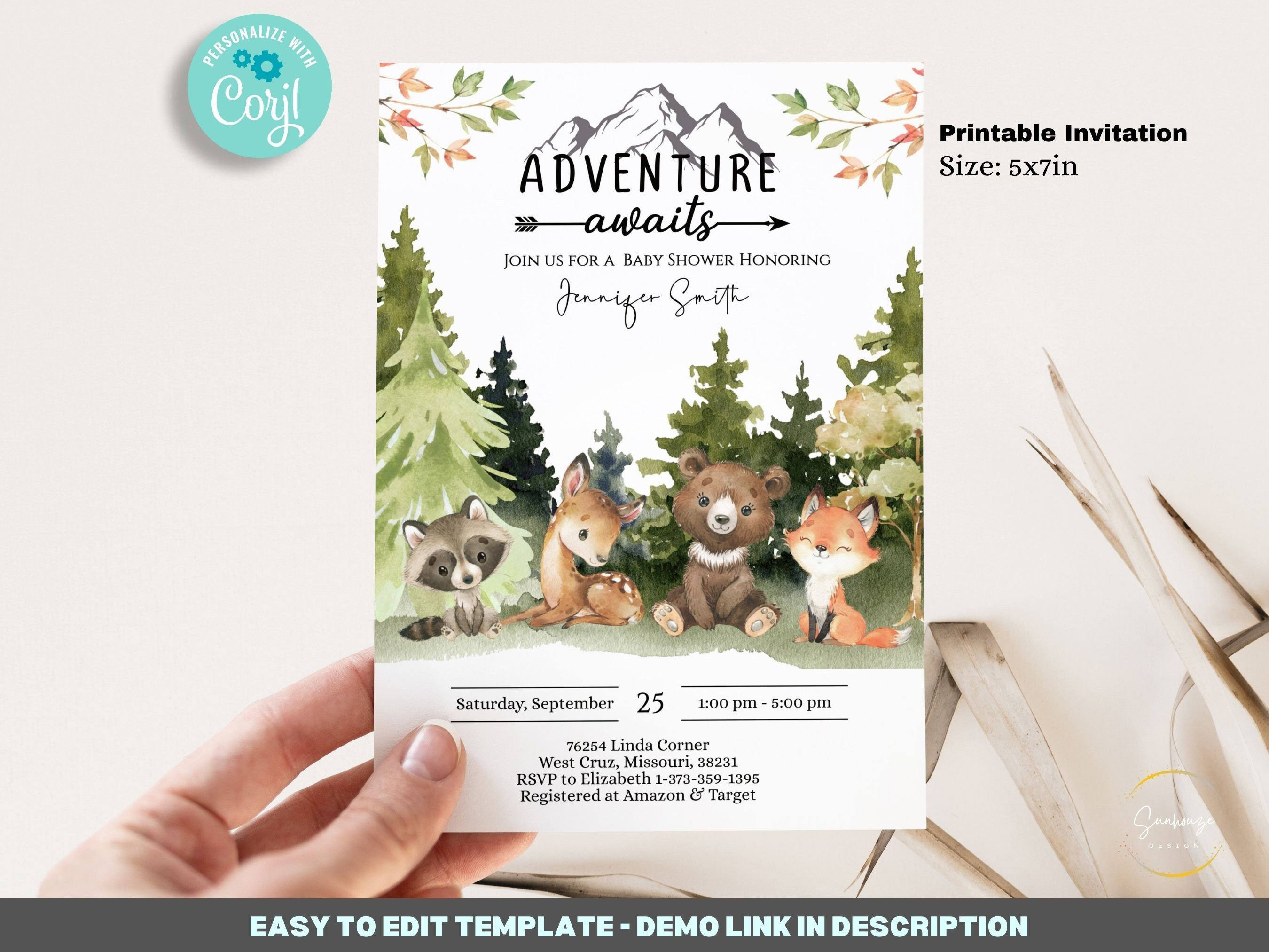 Editable Woodland Baby Shower Invitation Template 5x7, Adventure Awaits ...