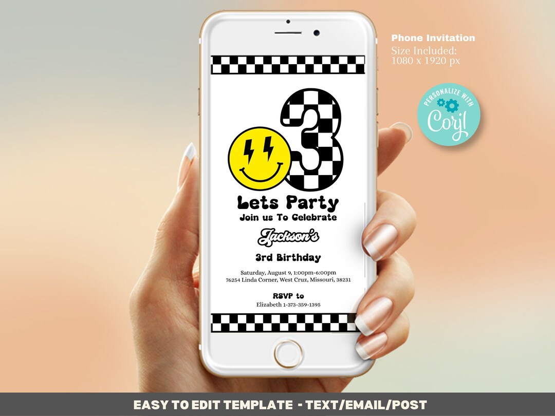 Groovy Smiley Face 3rd Birthday Invitation – Digital Evite Template - Etsy