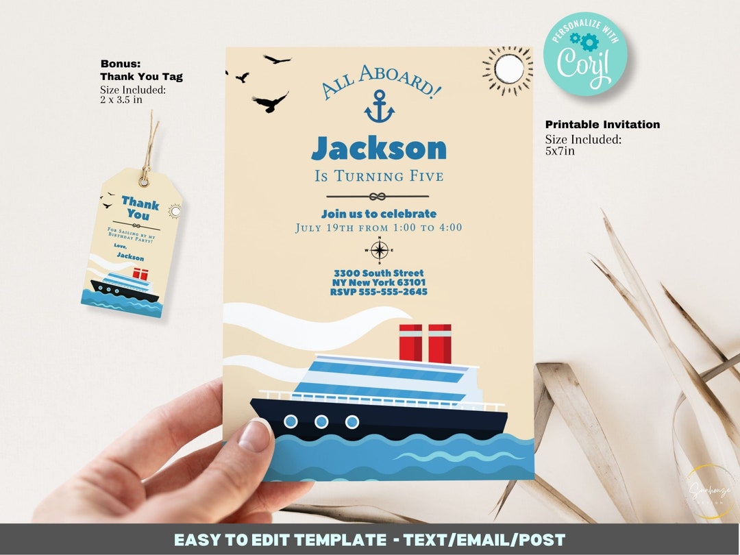 Editable All Aboard Cruise Ship Birthday Party Invitation Template ...
