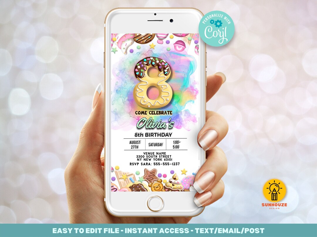 8th Birthday Invitation Editable Template Digital Evite | Eighth Cookie ...