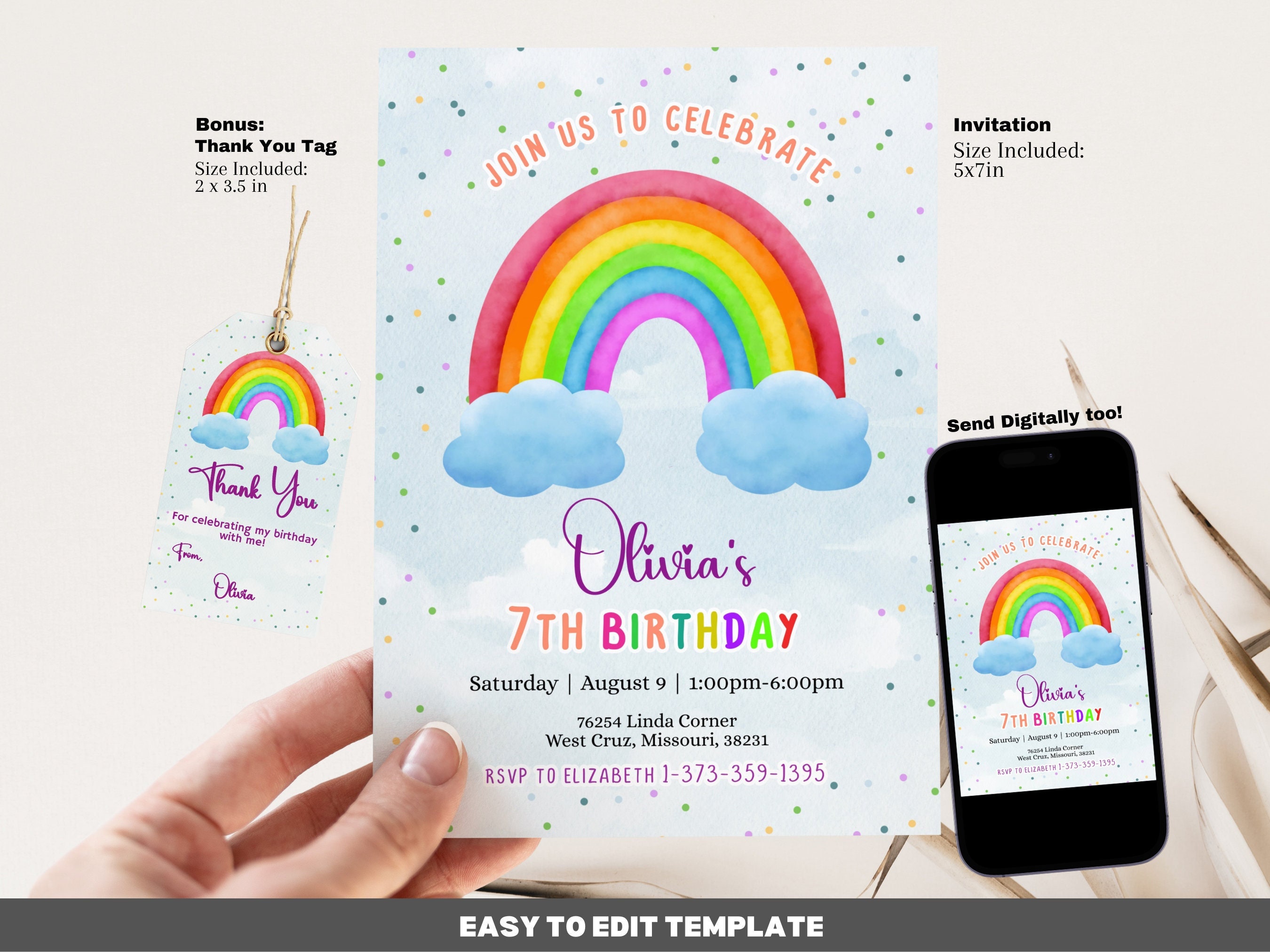 Editable Rainbow Birthday Invitation Template Printable, Rainbow Cloud ...