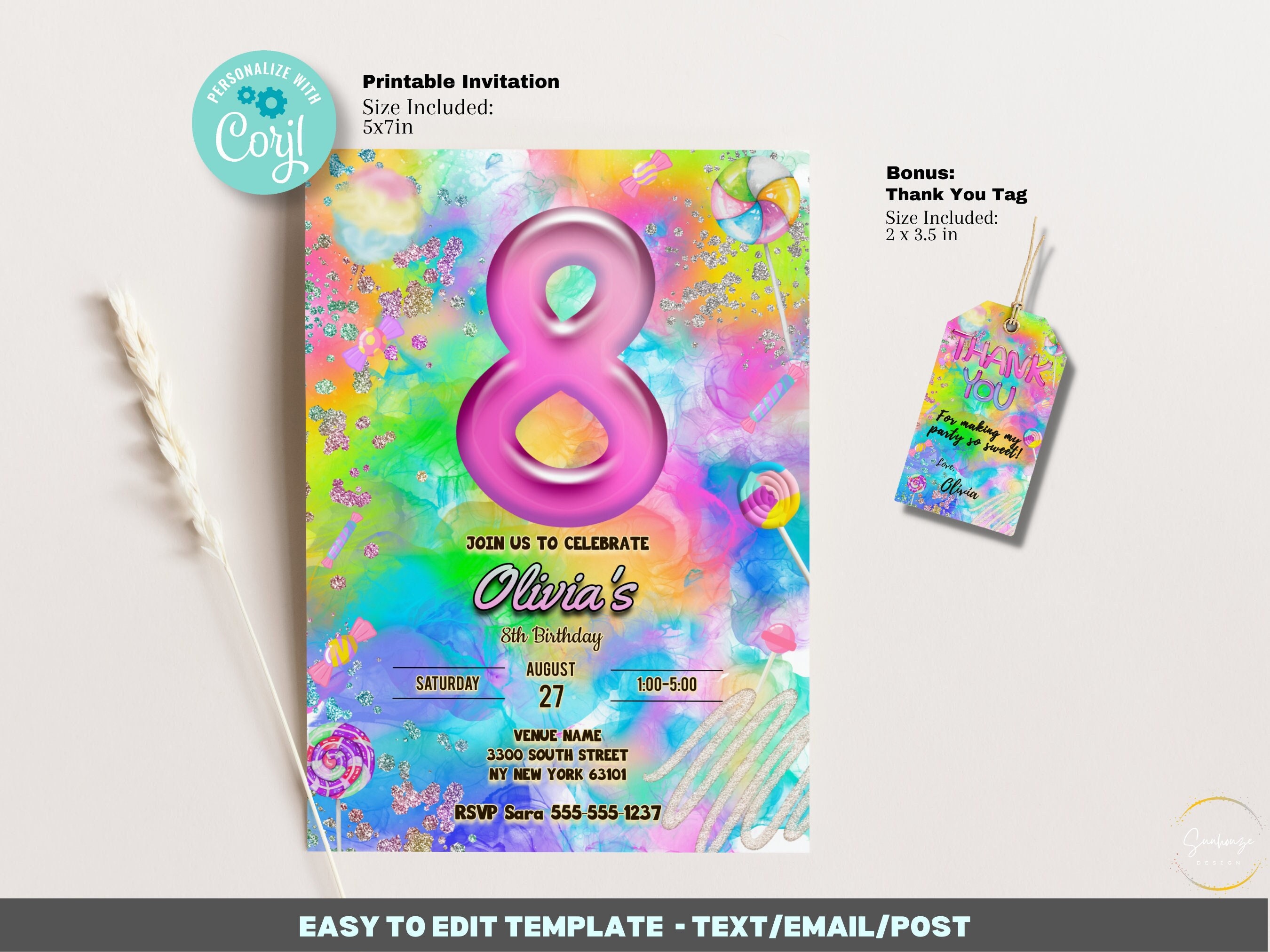 8th Birthday Invitation Template Printable 5x7 Editable Template ...