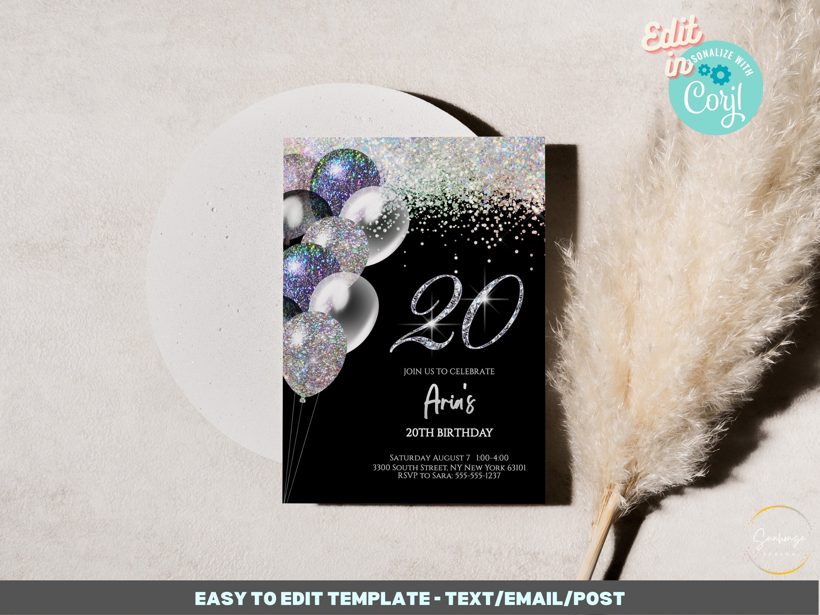 Editable 20th Birthday Invitation Template Bling Invitation - Etsy