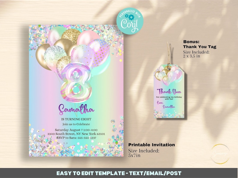 Editable 8th Birthday Invitation Template Printable, Glitter Iridescent ...