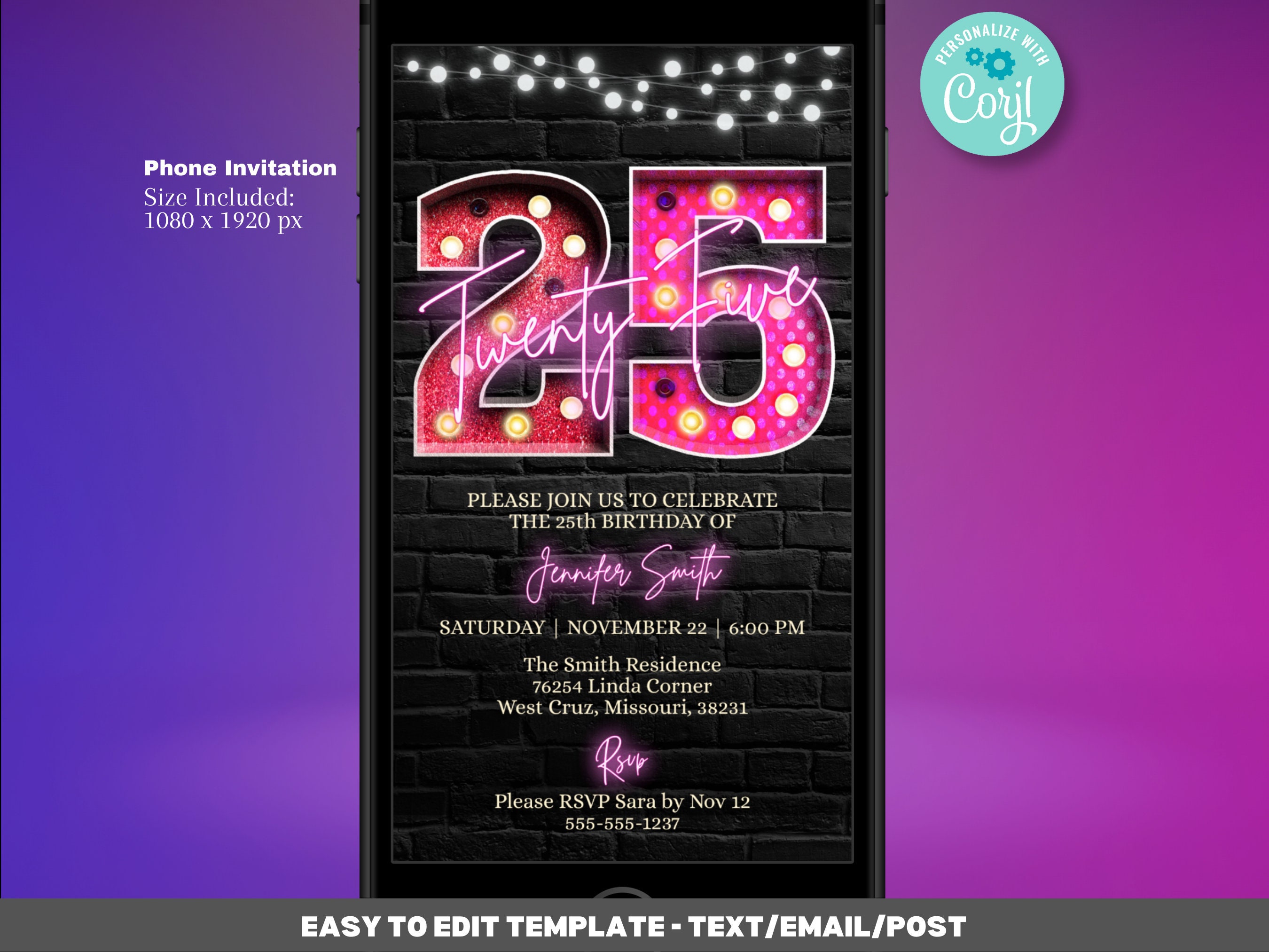 Editable 25th Birthday Invitation Template Digital Marquee - Etsy
